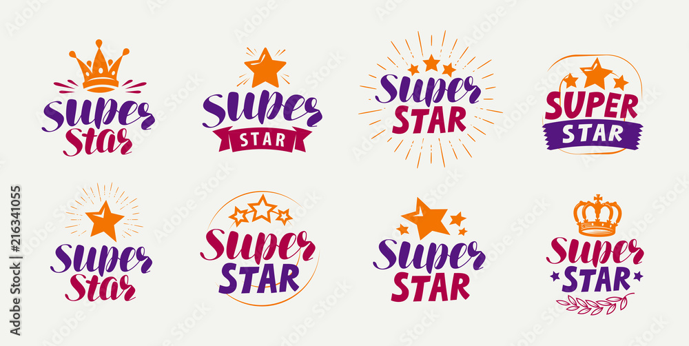 Super star, set of logos or labels. Popularity, fame symbol. Lettering ...