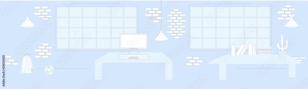 Blue style loft creative interior. Atelier, home, office, work space ...