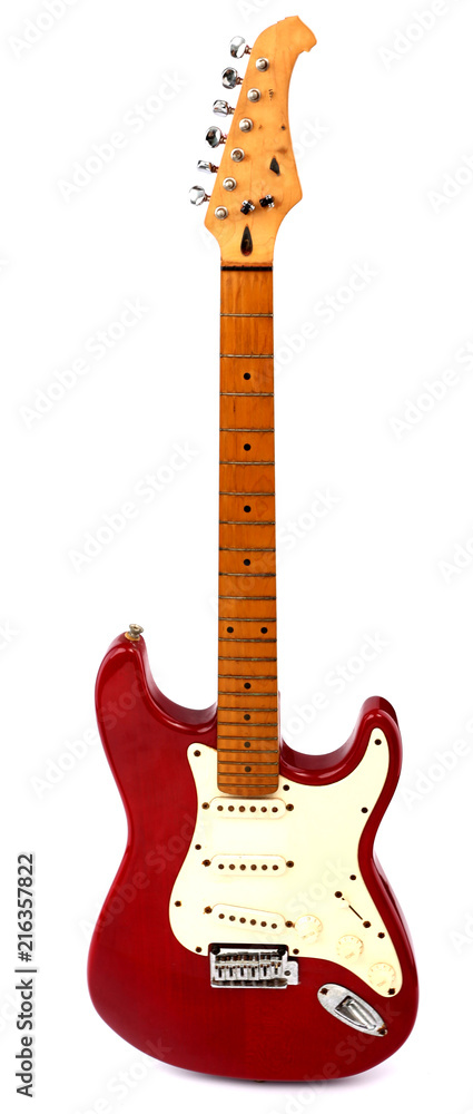 Red electric guitar with white backdrop. Stock Photo | Adobe Stock