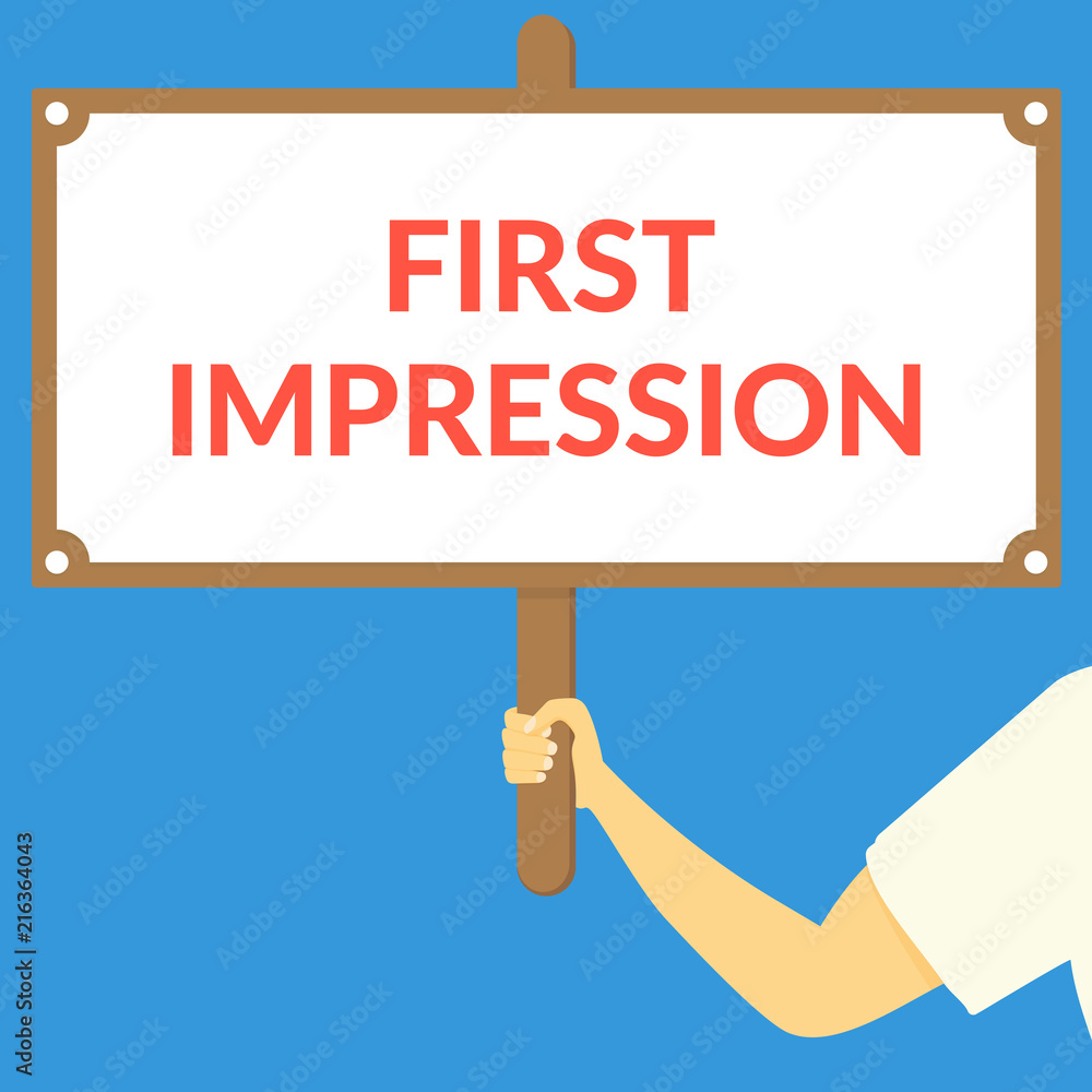 FIRST IMPRESSION. Hand holding wooden sign Stock Vector | Adobe Stock