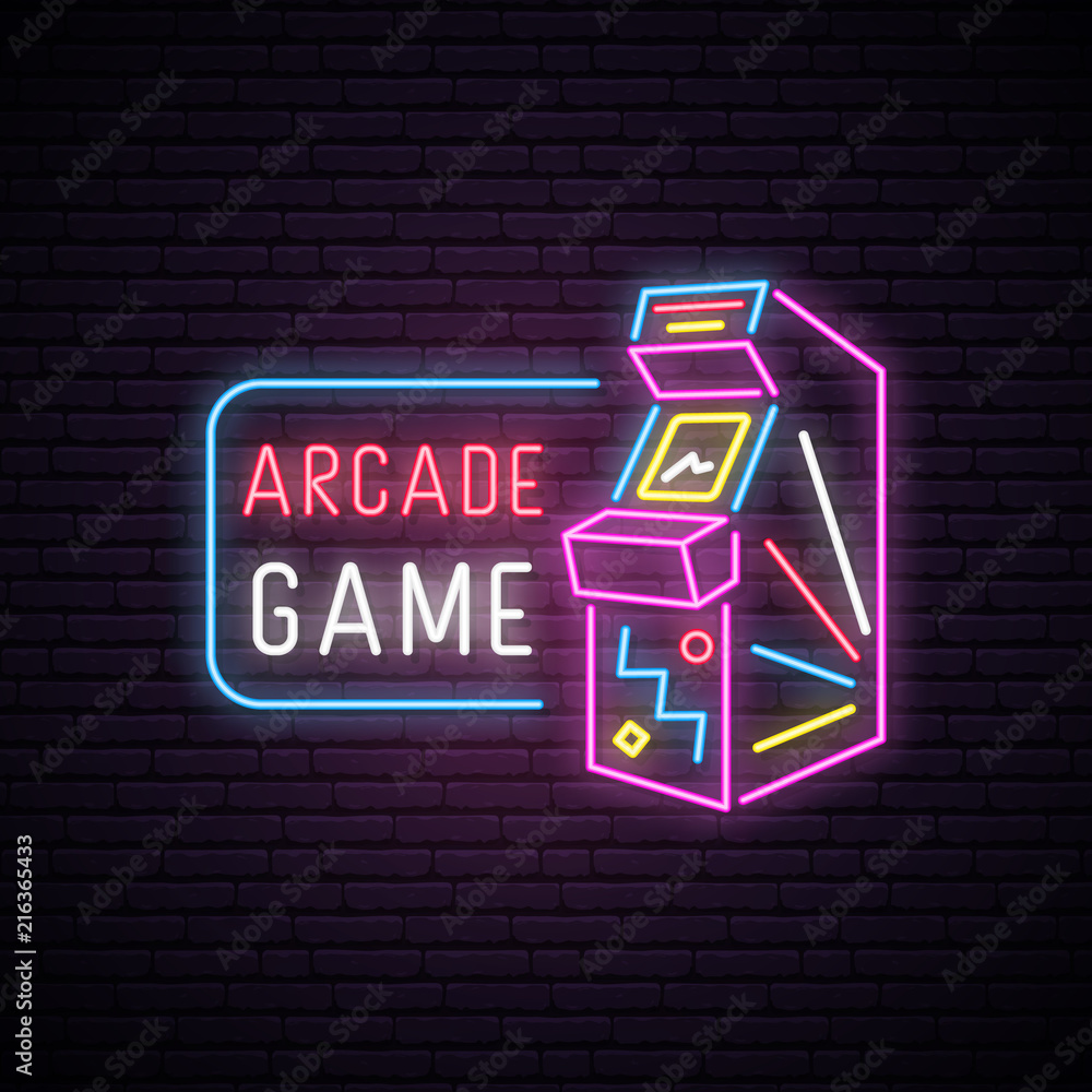 Neon sign of Arcade game machine. Neon entertainment emblem, bright ...