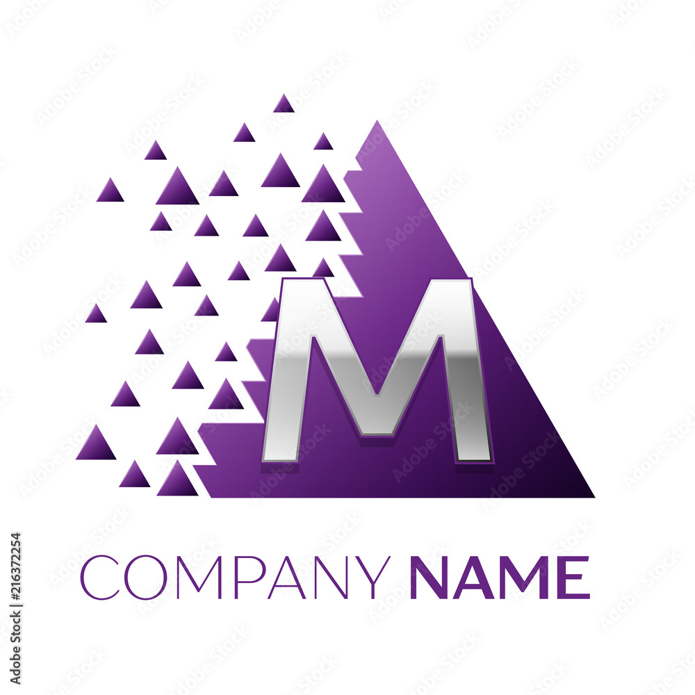 Realistic Silver Letter M logo symbol in the purple colorful pixel ...