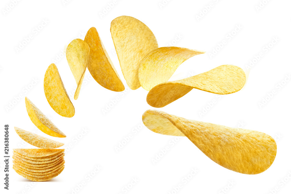 Flying potato chips, isolated on white background Stock Photo | Adobe Stock
