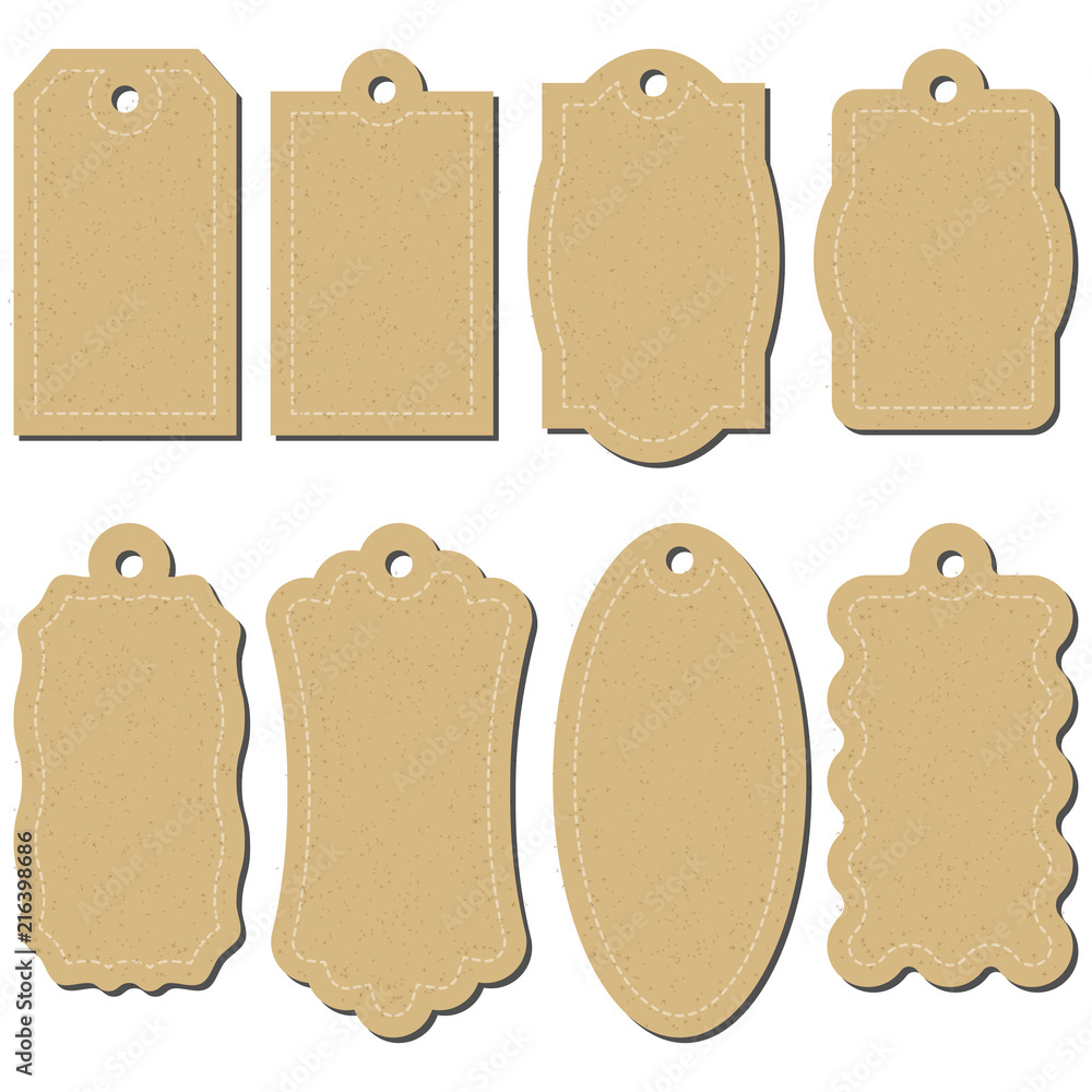 Set of cardboard craft tags of different shapes. Craft labels. Isolated ...