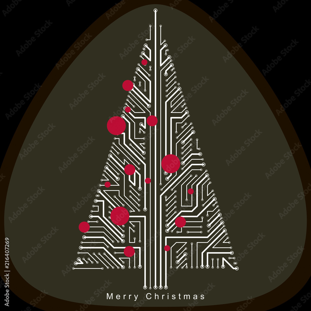 Vector illustration of futuristic evergreen Christmas tree, technology ...