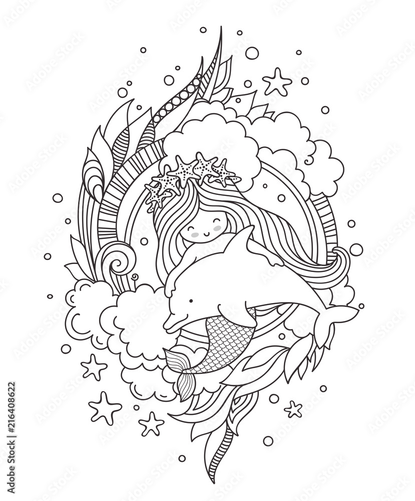 Stylized round composition with mermaid, hugging dolphin. Page for ...