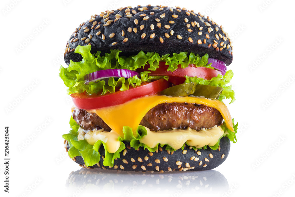 Delicious black burger, isolated on white background Stock Photo ...