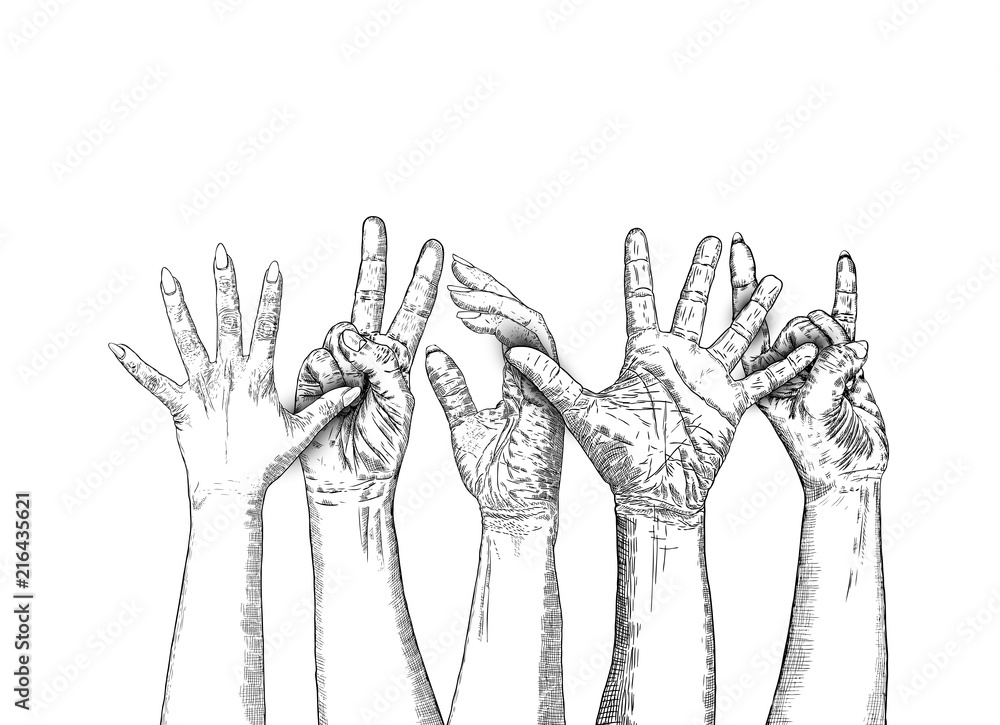 Fists hands up concept of unity, revolution, fight, cooperation ...
