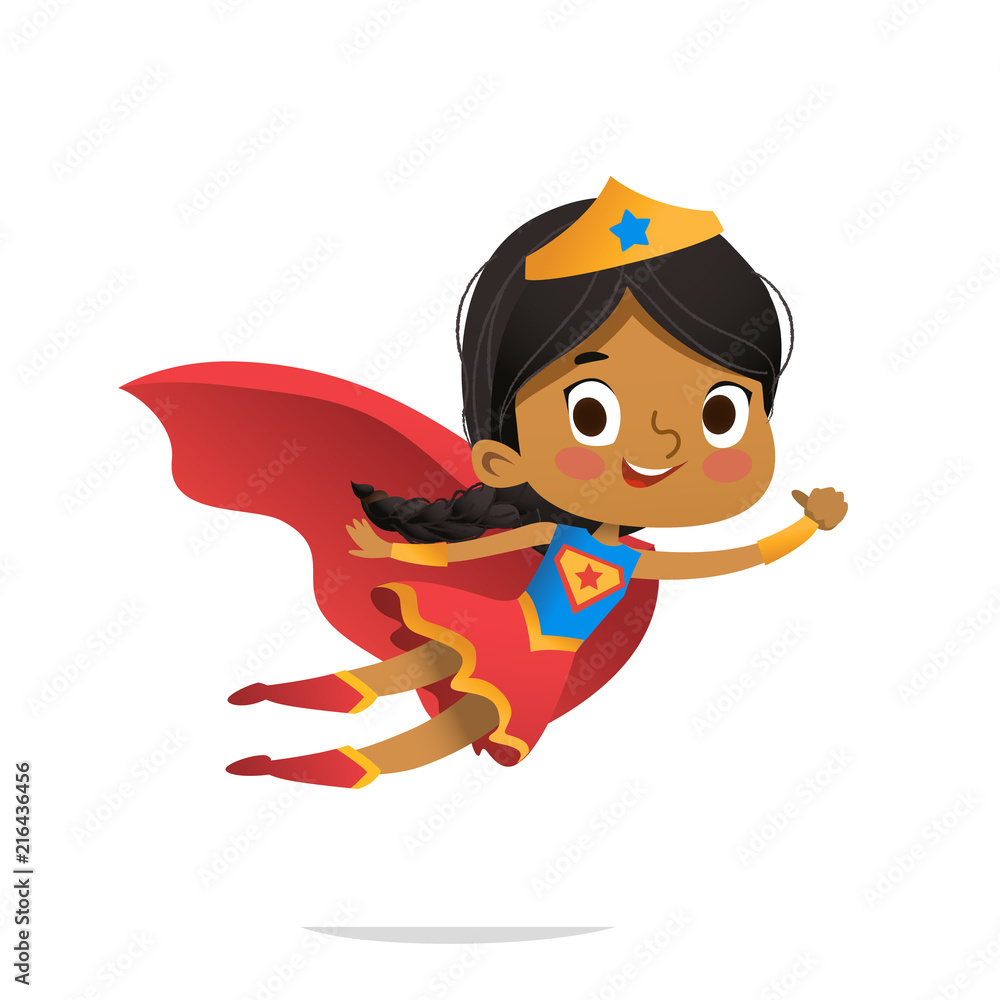 Flying African-American Girl wearing colorful costumes of superheroe ...