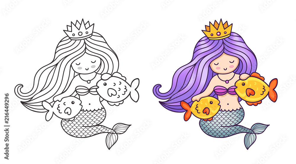 Queen mermaid with beautiful hair, stroking two golden fish. Cute ...