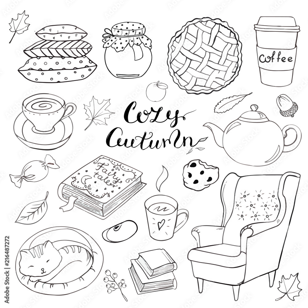Set of hand drawn doodle elements about autumn. Cozy fall collection of ...