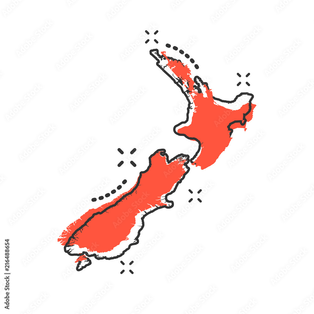 Vector cartoon New Zealand map icon in comic style. New Zealand sign ...