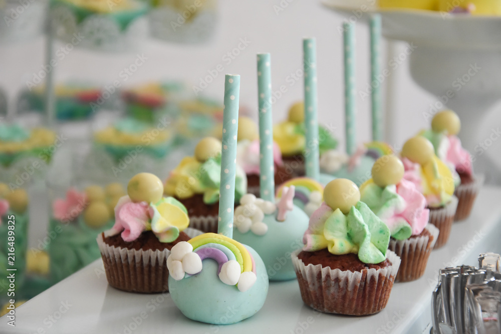 Sweet table for child birthday. Candy bar with a lot of different ...