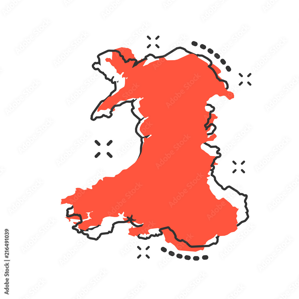 Vector cartoon Wales map icon in comic style. Wales sign illustration ...