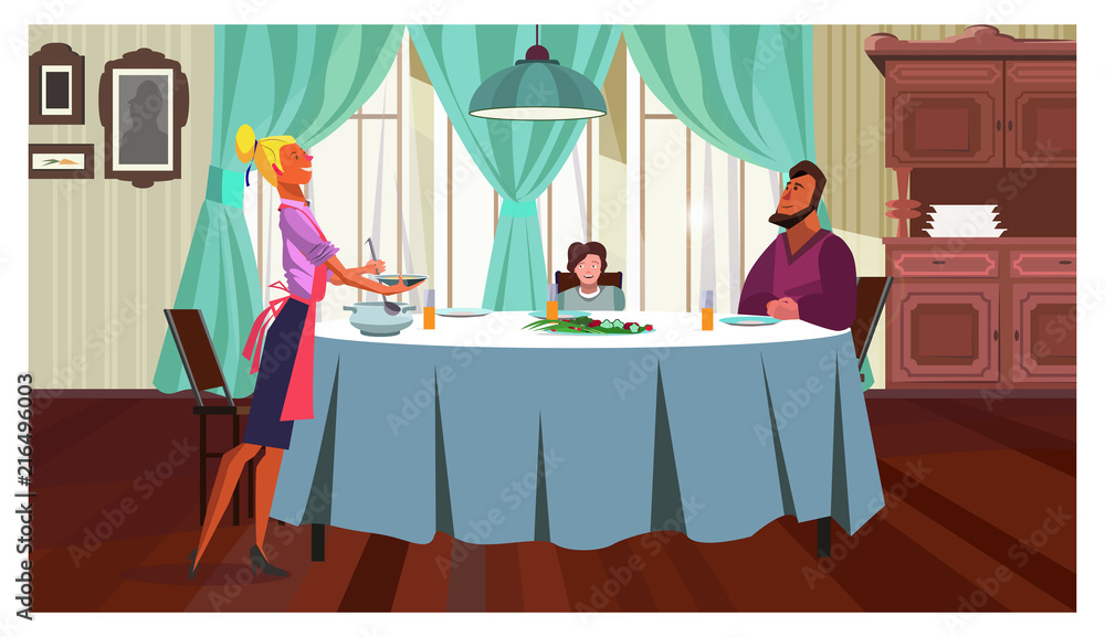 Family having dinner at home vector illustration. Happy family ...