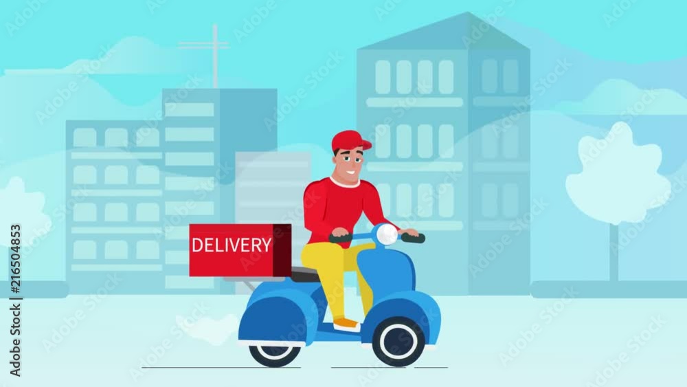 Delivery service footage. Cartoon young man riding a Scooter Motorcycle ...