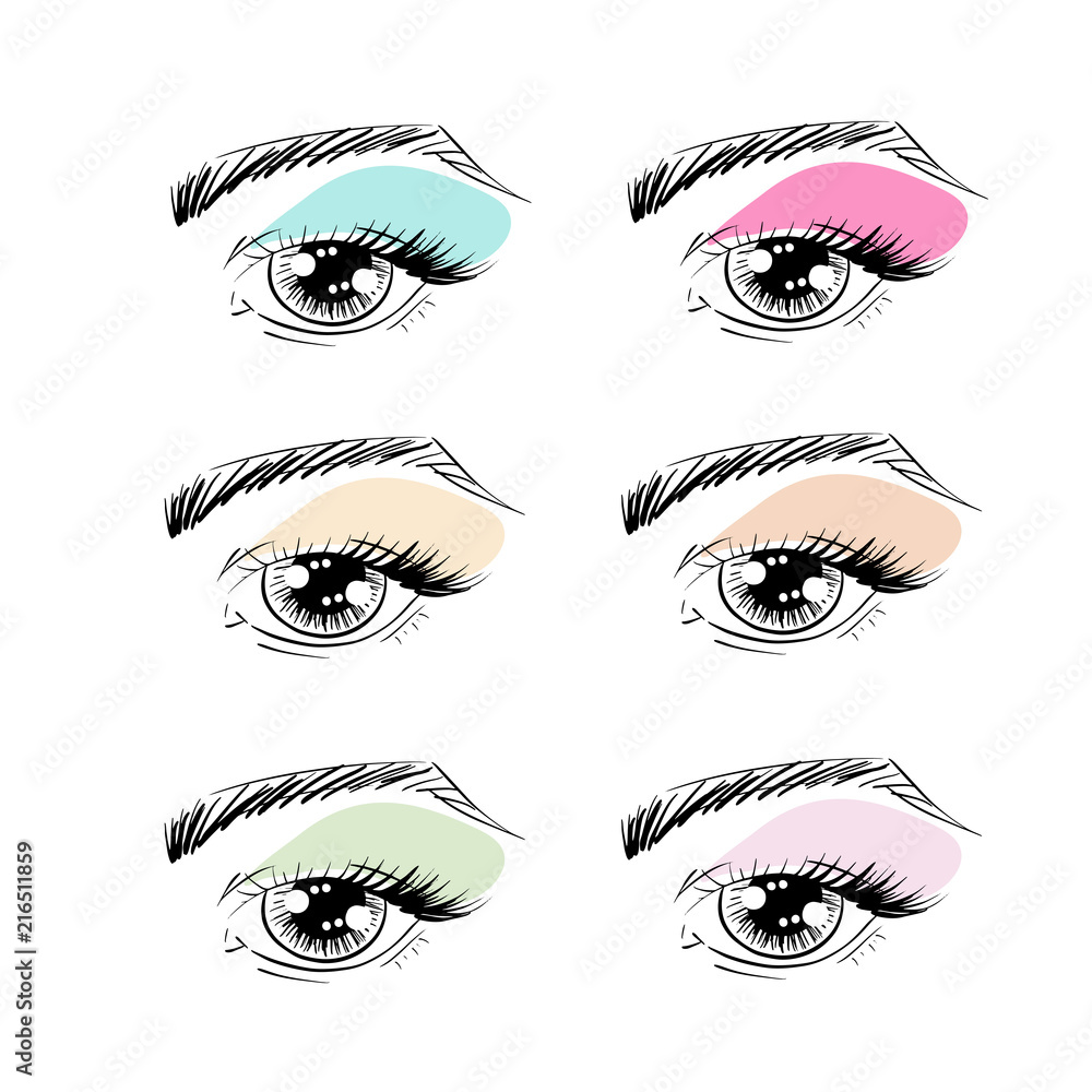 Vector outline eyes with brows, eye lashes and eye shadows for poster ...