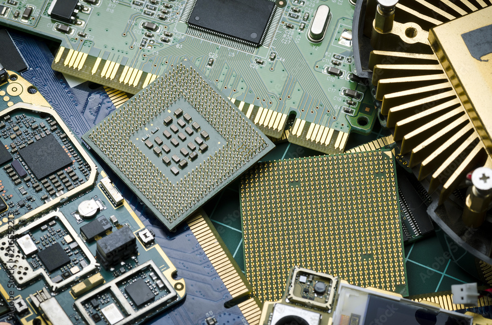 Different electronic boards for spare parts and recycling Stock Photo ...