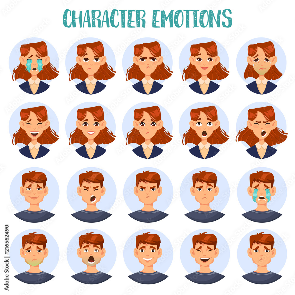 Set of isolated cartoon people head with emotions Stock Vector | Adobe ...