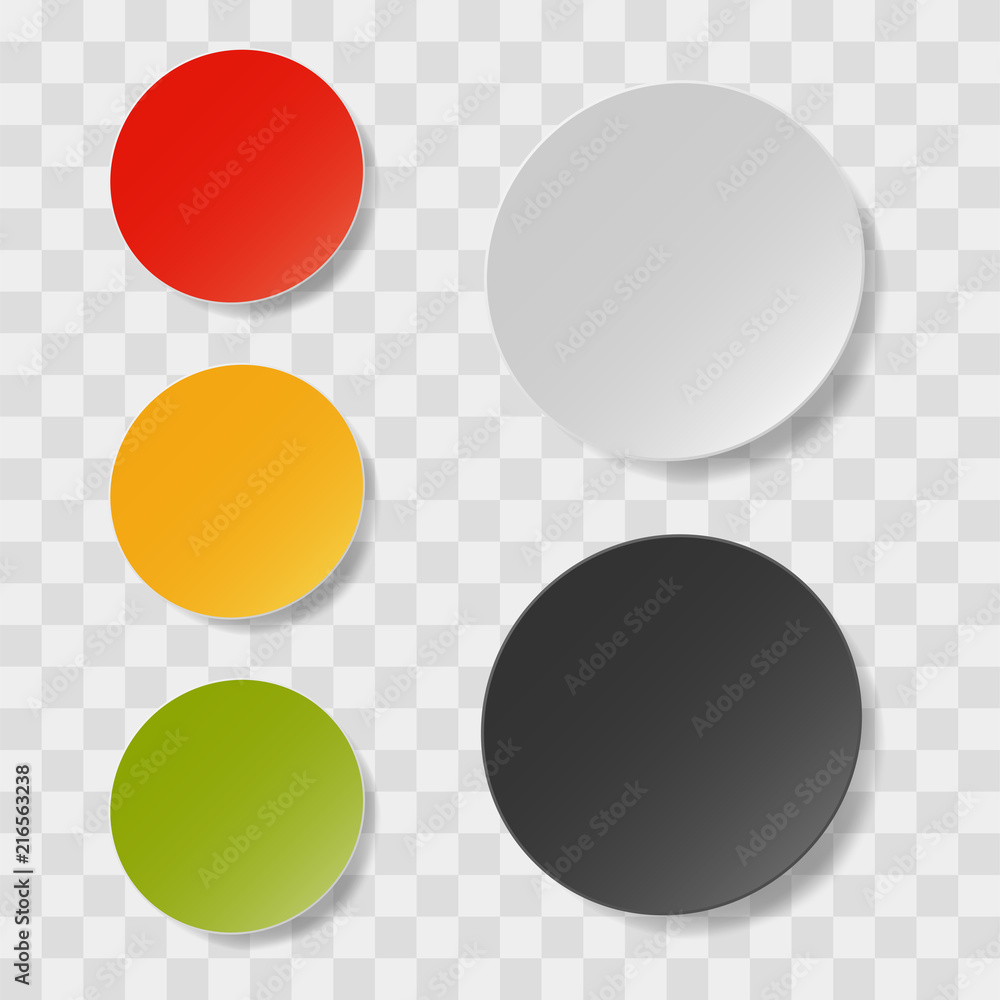Vector realistic white and black, and color round sticker label mock up ...