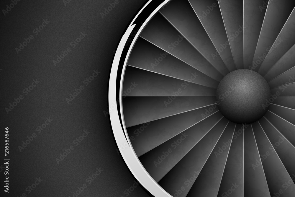 Jet Engine Turbine dark horizontal background. Detailed Airplane Motor ...