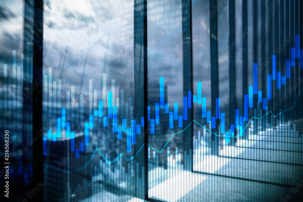 Stock trading candlestick chart and diagrams on blurred office center ...