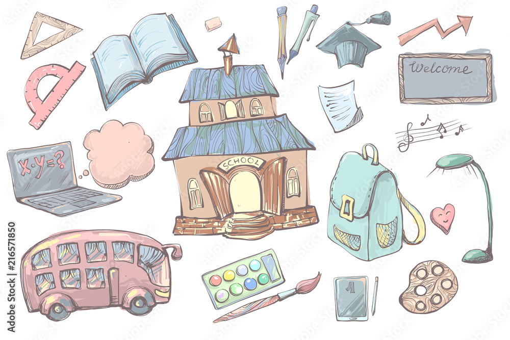 Hand drawn cartoon School supplies and items set isolated on white ...