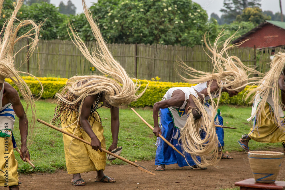 Rwandan tribe ritual dance performers, Virunga National Park, Rwanda ...