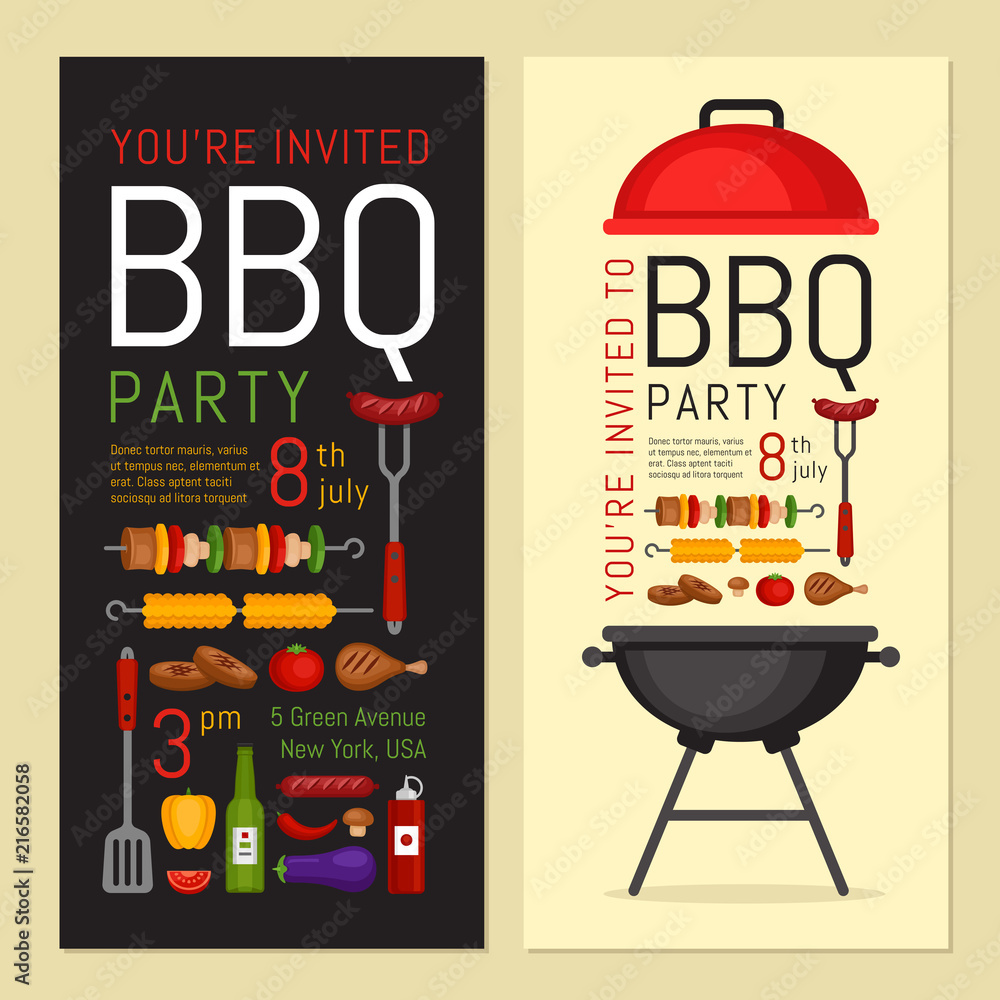 Bbq party invitation with grill and food. Barbecue poster. Food flyer ...