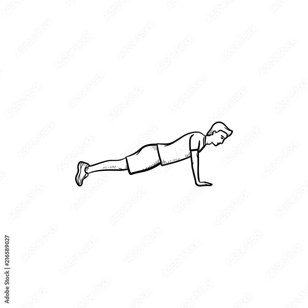 Young man doing push-ups hand drawn outline doodle icon. Fitness, push ...