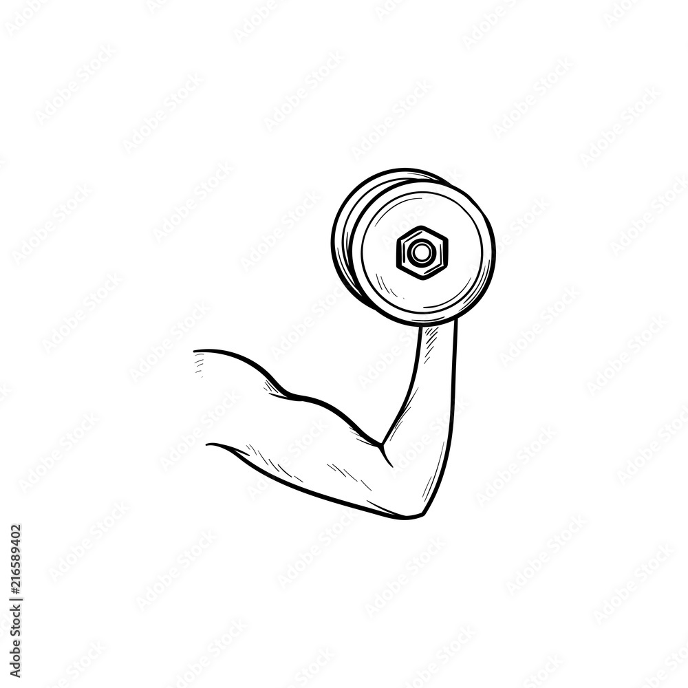 Arm with dumbbell hand drawn outline doodle icon. Bodybuilding and ...