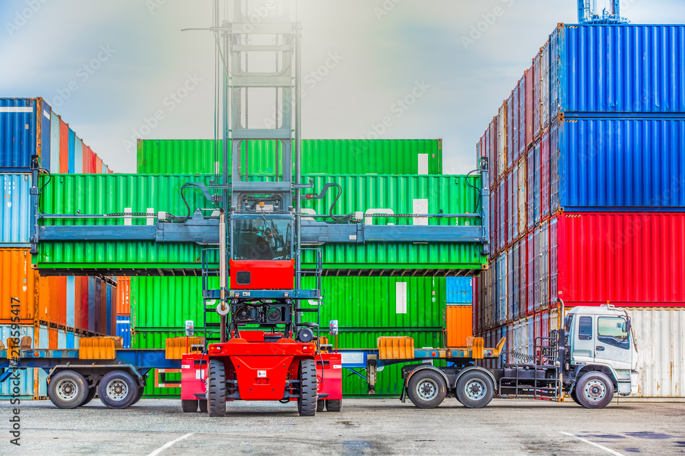 Forklift handling container box loading at the docks with truck, Crane ...