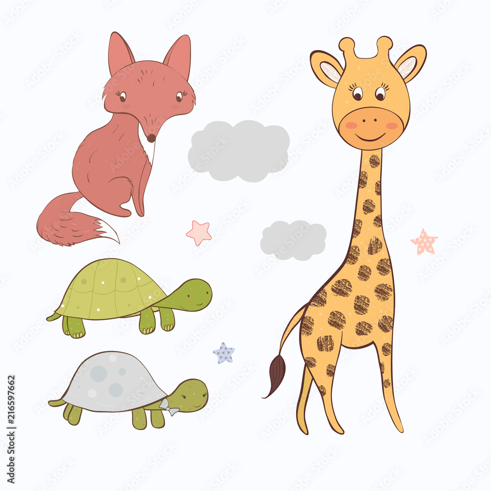 Collection of cartoon animals with clouds and stars. Stock Vector ...
