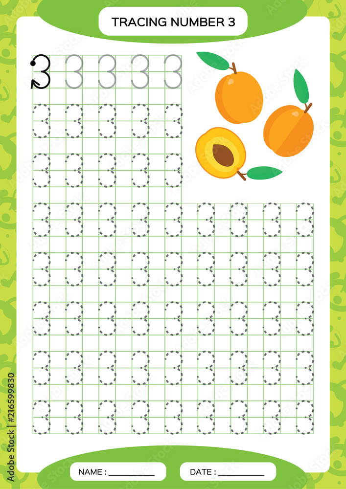 Number 3. Three Tracing Worksheet. Orange Peach fruit. Preschool ...