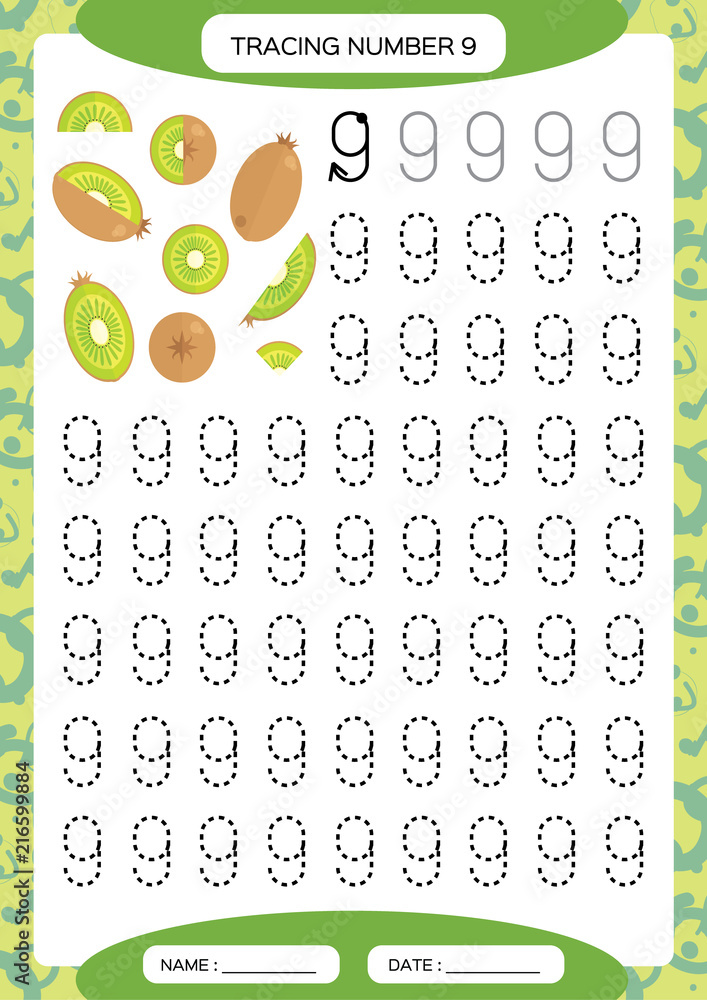 Number 9. Nine. Tracing Worksheet for kids. Watermelon. Preschool ...