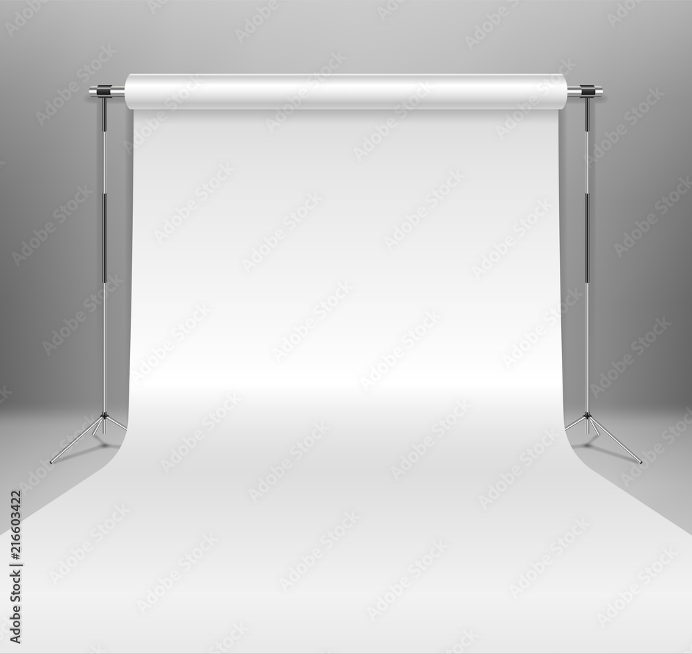 Realistic empty white photo studio backdrop template. photographer ...