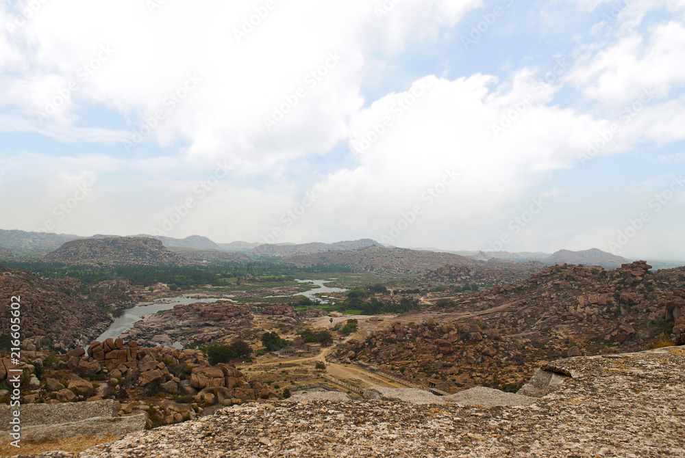 Arieal view of the chain of hills of Hampi from north side of Matanga ...