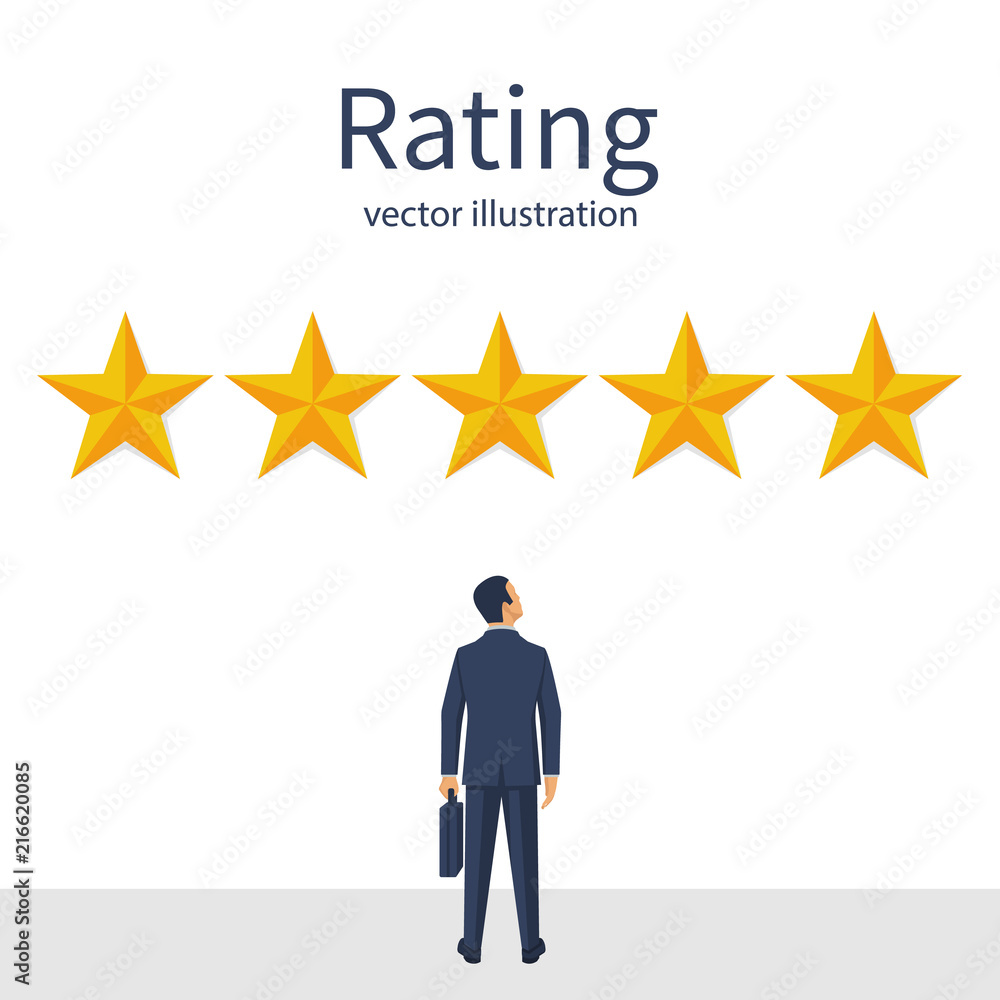 Star rating. Businessman looks gold star, to give five. Feedback ...