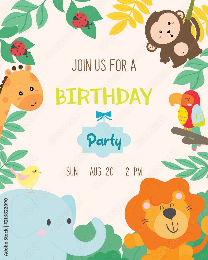 Cute animal theme birthday party invitation card vector illustration ...