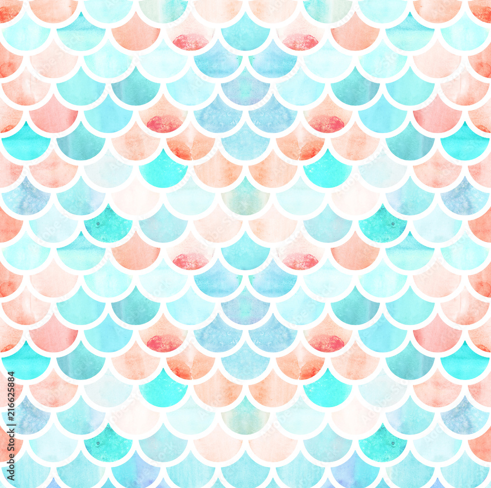 Mermaid scales. Watercolor fish scales. Bright summer pattern with ...