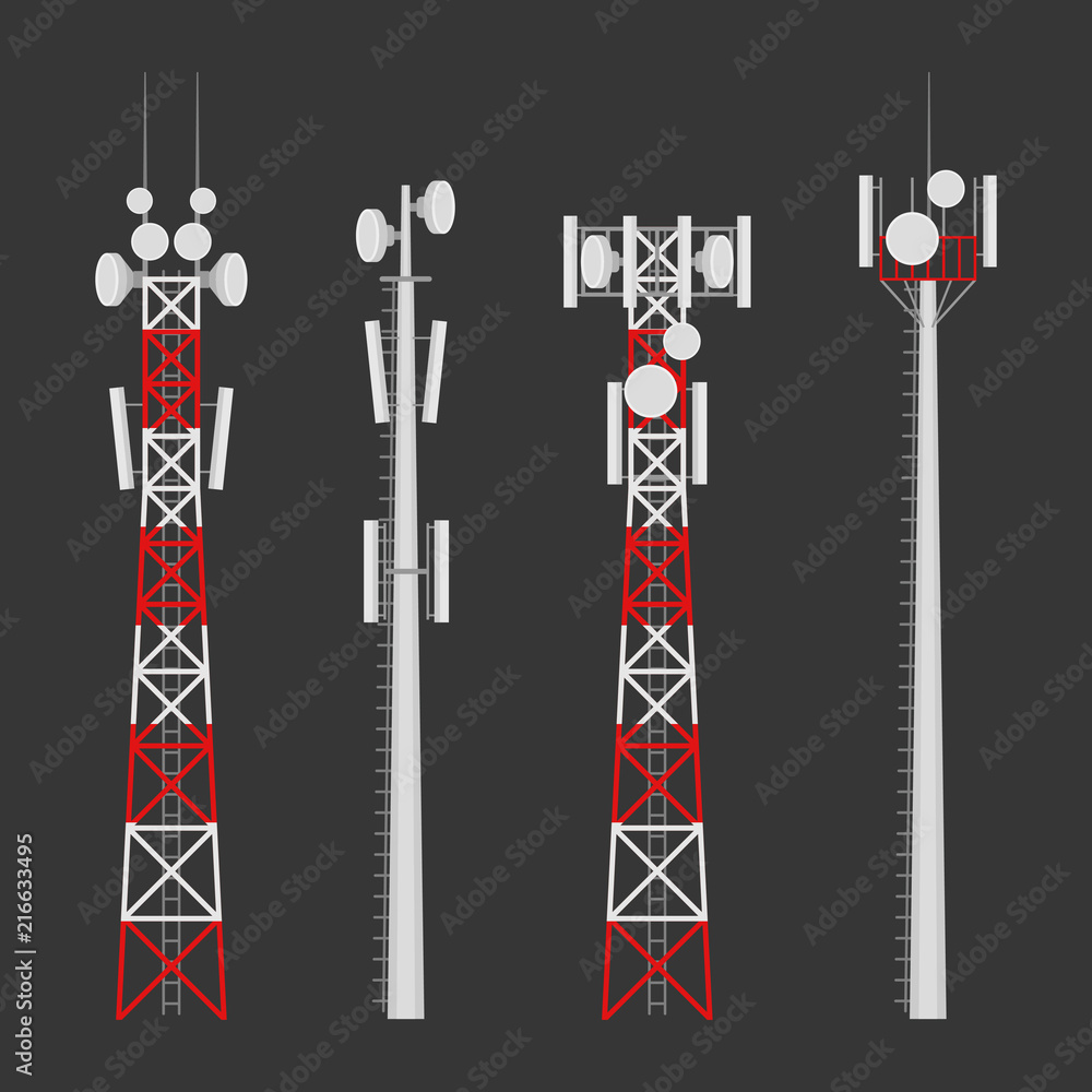 Transmission cellular towers vector set. Mobile communications tower ...