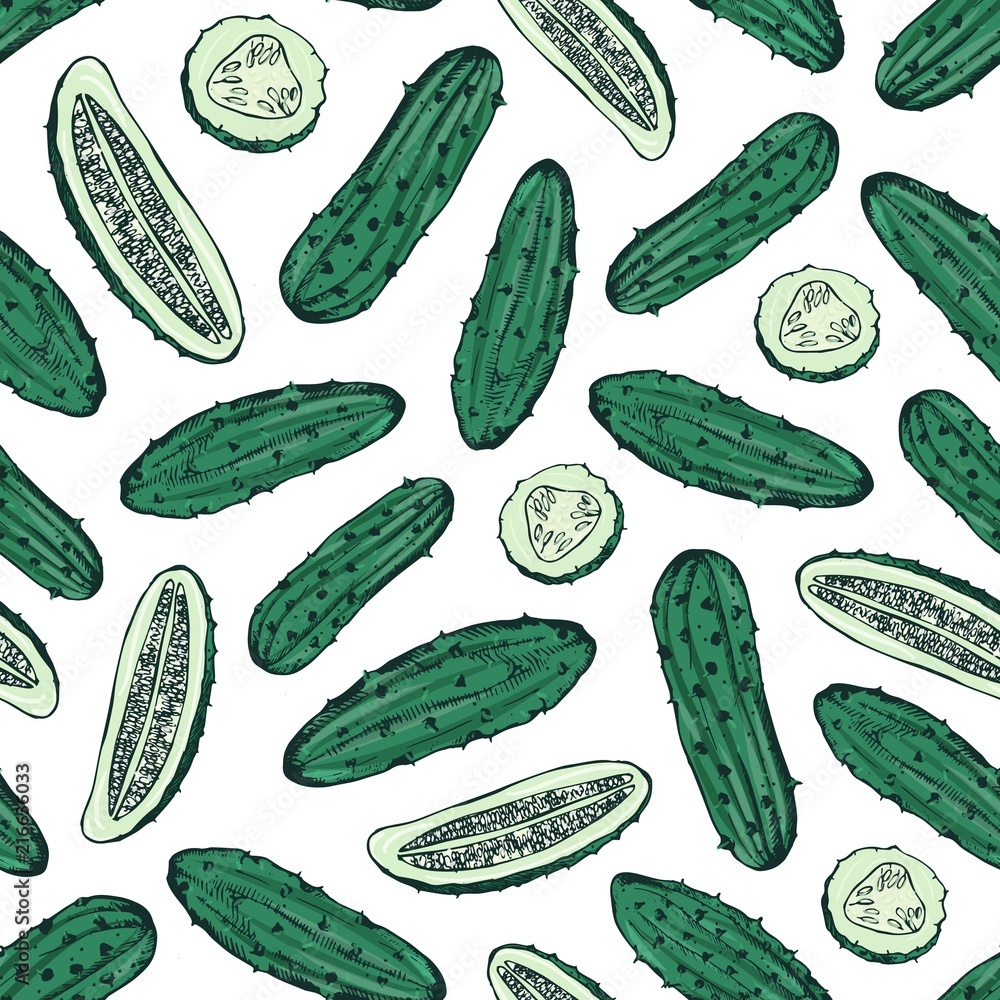 Seamless pattern with whole and cut fresh ripe cucumbers. Backdrop with ...