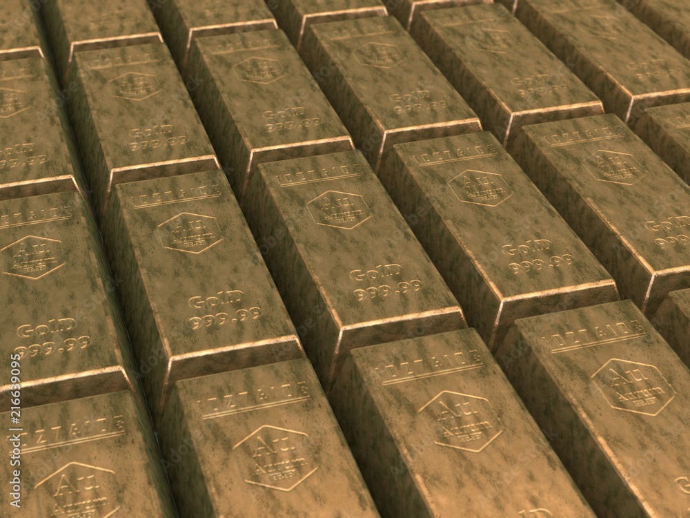 3D illustration of a variety of gold bars, with the symbol of the ...