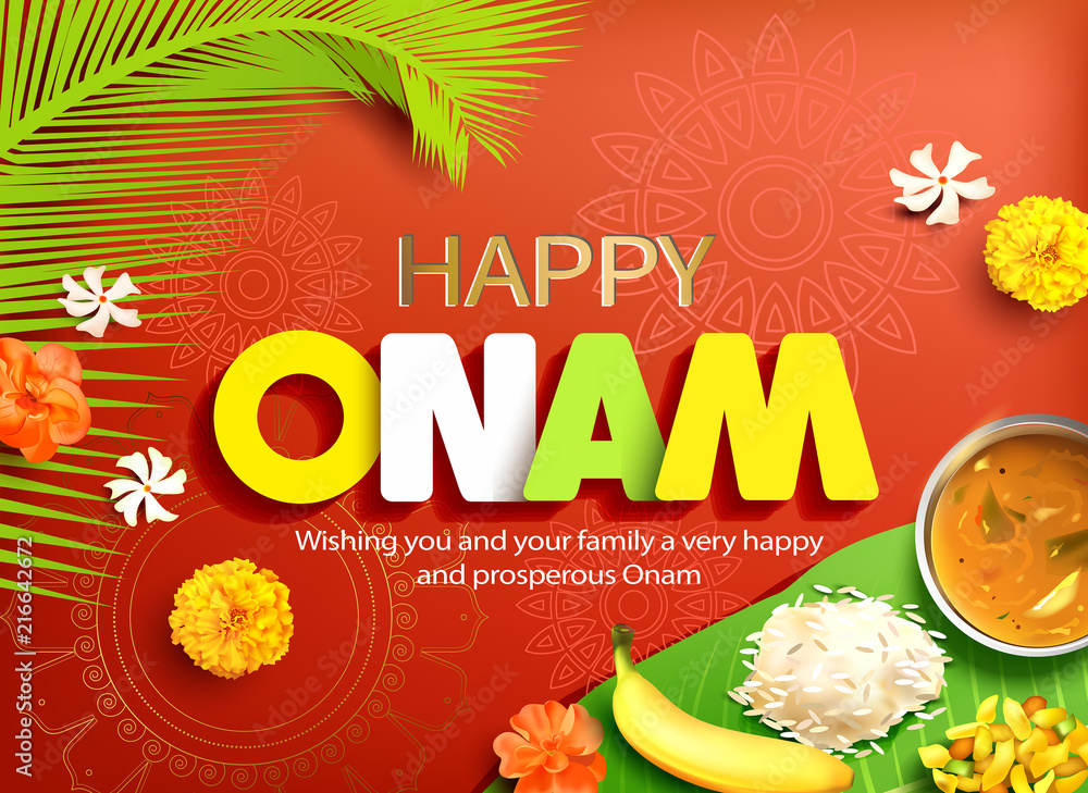 Happy Onam background with traditional food (sadya) served on banana ...