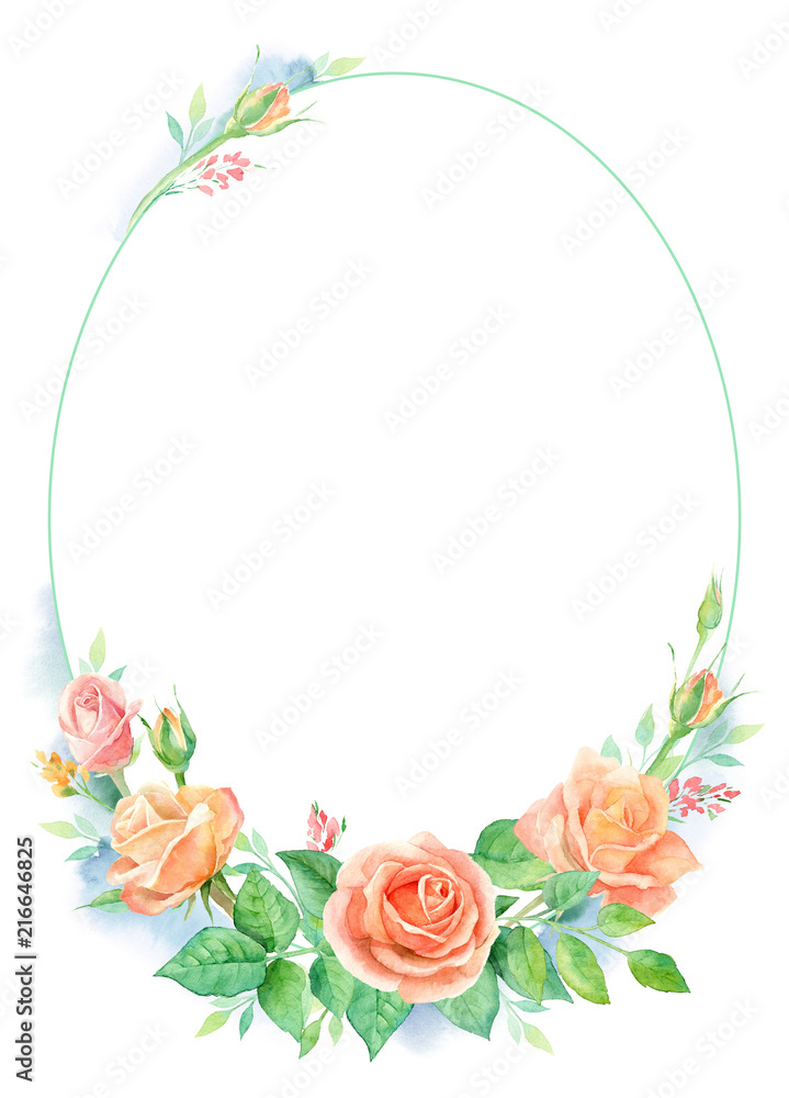 Watercolor floral ellipse frame with roses, leaves isolated on white ...