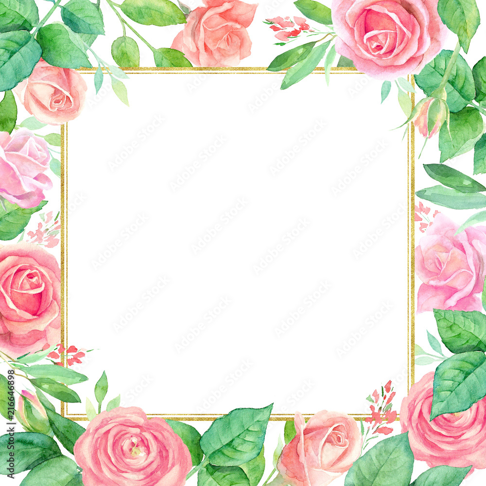 Square Floral Background with a Colorful Watercolor Flowers Frame ...