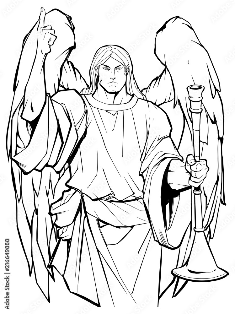 Line art portrait of Archangel Gabriel praising the lord and holding a ...