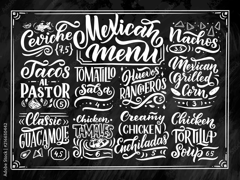 Mexican Menu lettering with traditional food names Guacamole, Enchilada ...