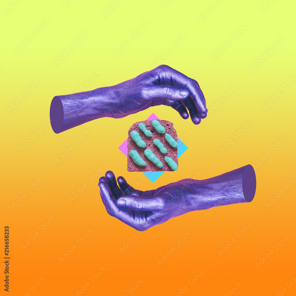 Painted in purple hands keep the breakfast toast with peanuts ...