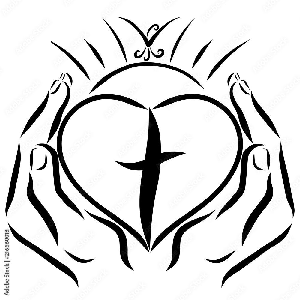 Heart with a cross in hands and a shining sun with a flying bird Stock ...